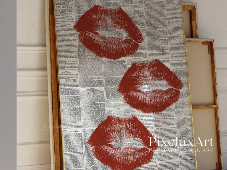 Trendy Newspaper Print, Red Kiss Lips Wall Art, Girly Bar Cart Decor ...