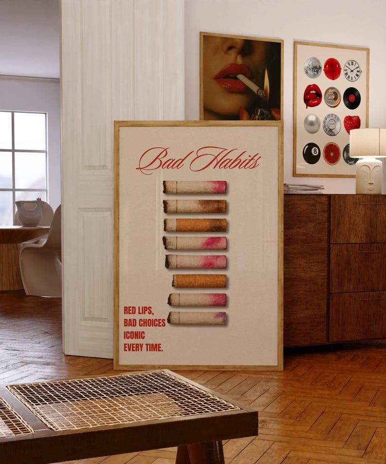 Trendy Wall Print - Red Lips, Cigarettes & Iconic Chaos, Retro Wall Art ...