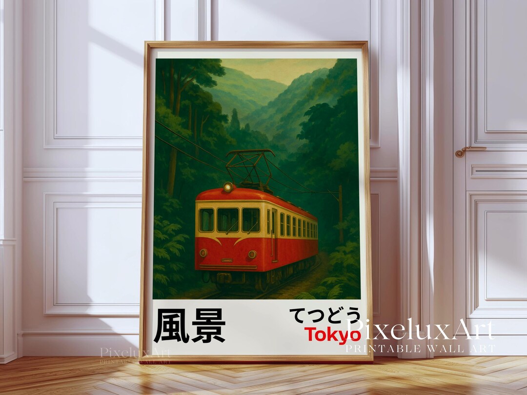 Vintage Tokyo Train Poster, Scenic Red Train in Lush Forest, Retro ...