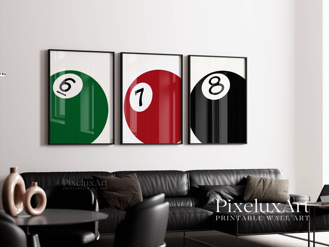 Set of 3 Pool Ball Print, 6, 7, 8 Ball Prints, Retro Game Room Print ...