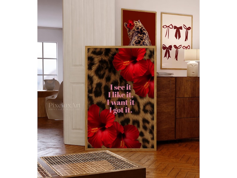 Leopard Print Quote Poster | Red Floral Glam Wall Art | Chic Printable ...
