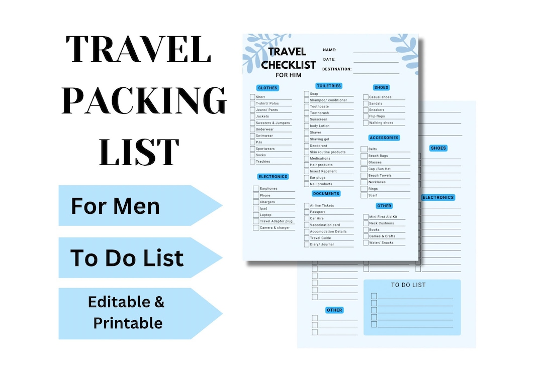 Editable Travel Packing List Men Travel Packing List - Etsy