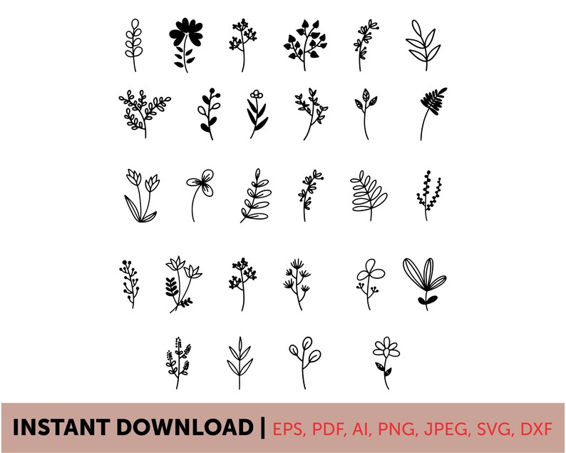 Flower Svg Bundle, Hand Drawn Flower Svg, Plant Svg, Flower Clipart ...