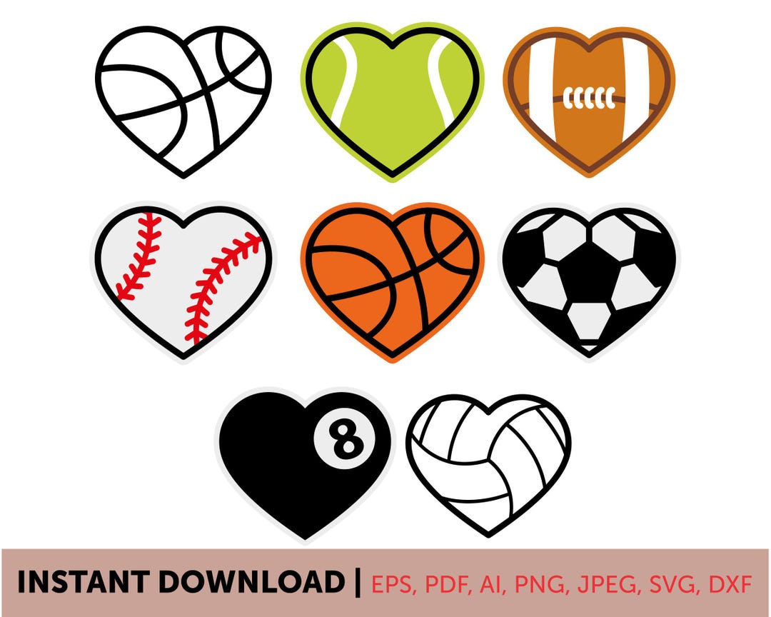 Sport Hearts Svg Bundle, Sport Svg, Sports Ball Hearts Svg, Soccer ...