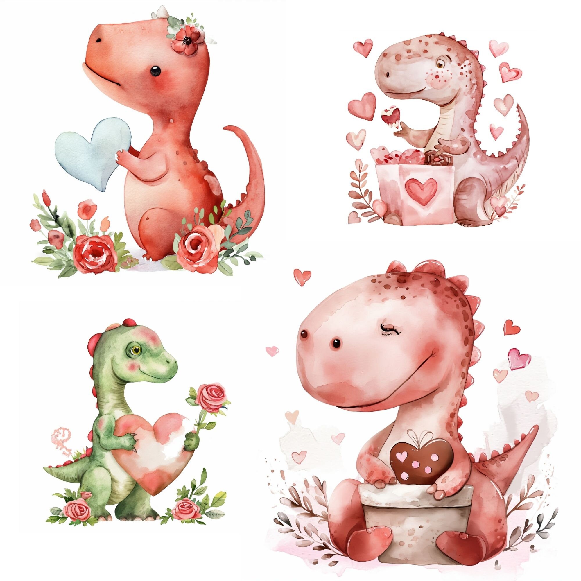 Valentine Dinosaurs Watercolor Clipart Bundle Dinosaur Clipart Dinosaur ...