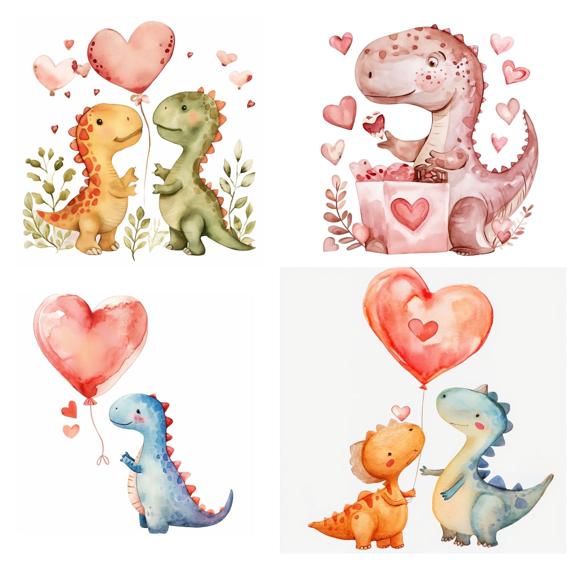 Valentine Dinosaurs Watercolor Clipart Bundle Dinosaur Clipart Dinosaur ...