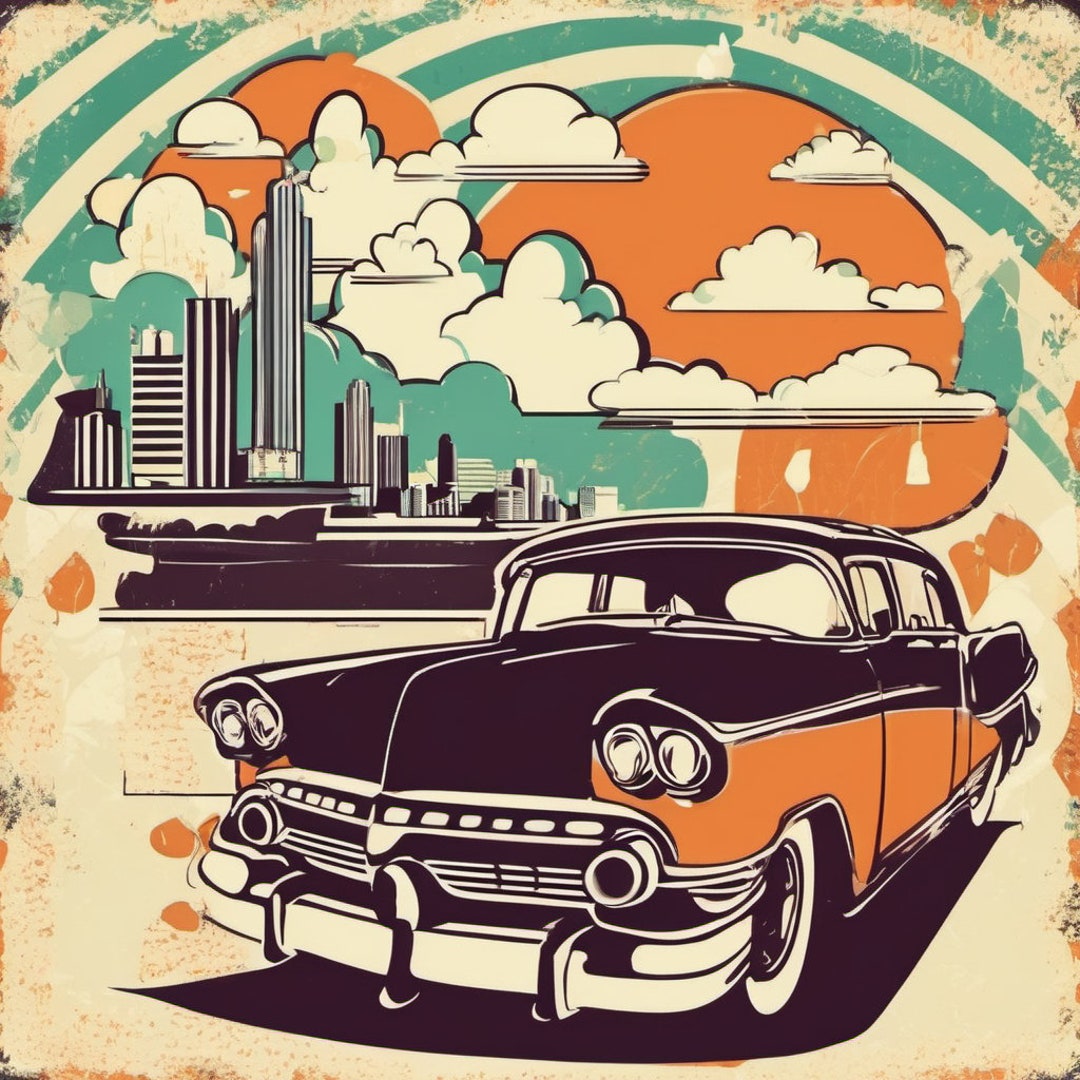 2 Pack Retro Car Clip Art/ Vintage Cars Clip Art in Front of City ...