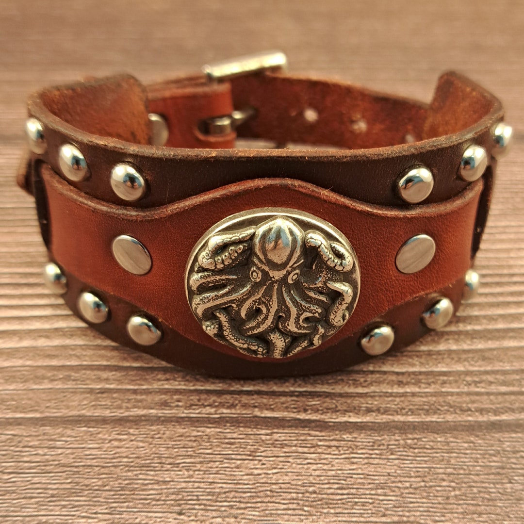 Leather Cuff Bracelet With Octopus Concho, Nautical Themed Pirate ...