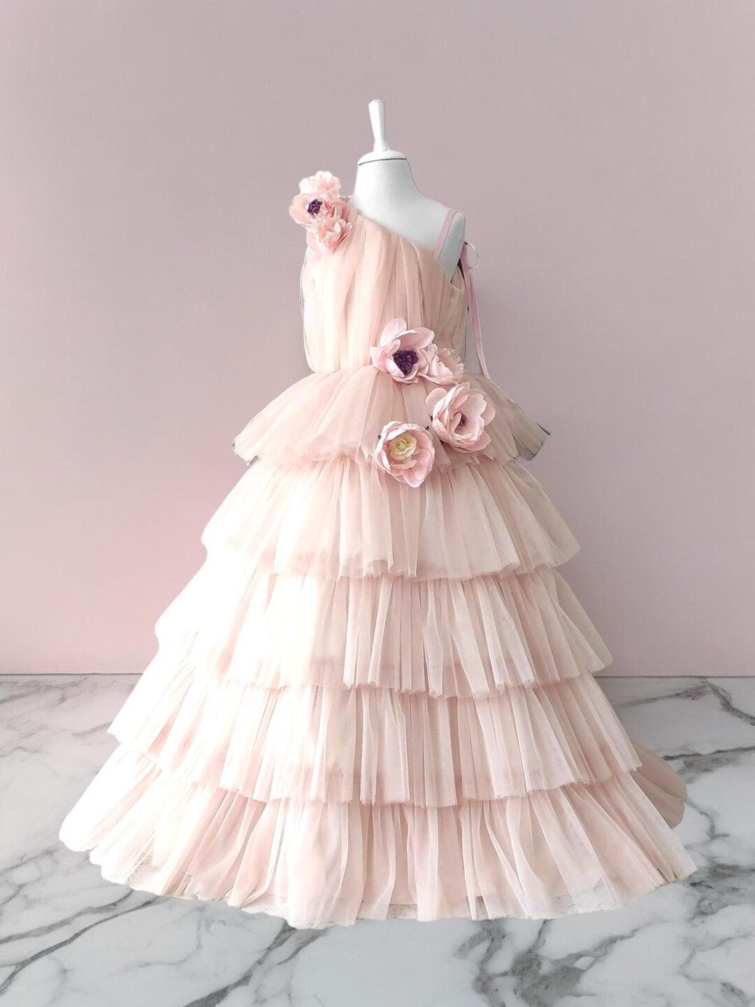 Luxury Flower Girl Dress Pink Ruffle Tulle Gown Princess Birthday Dress ...