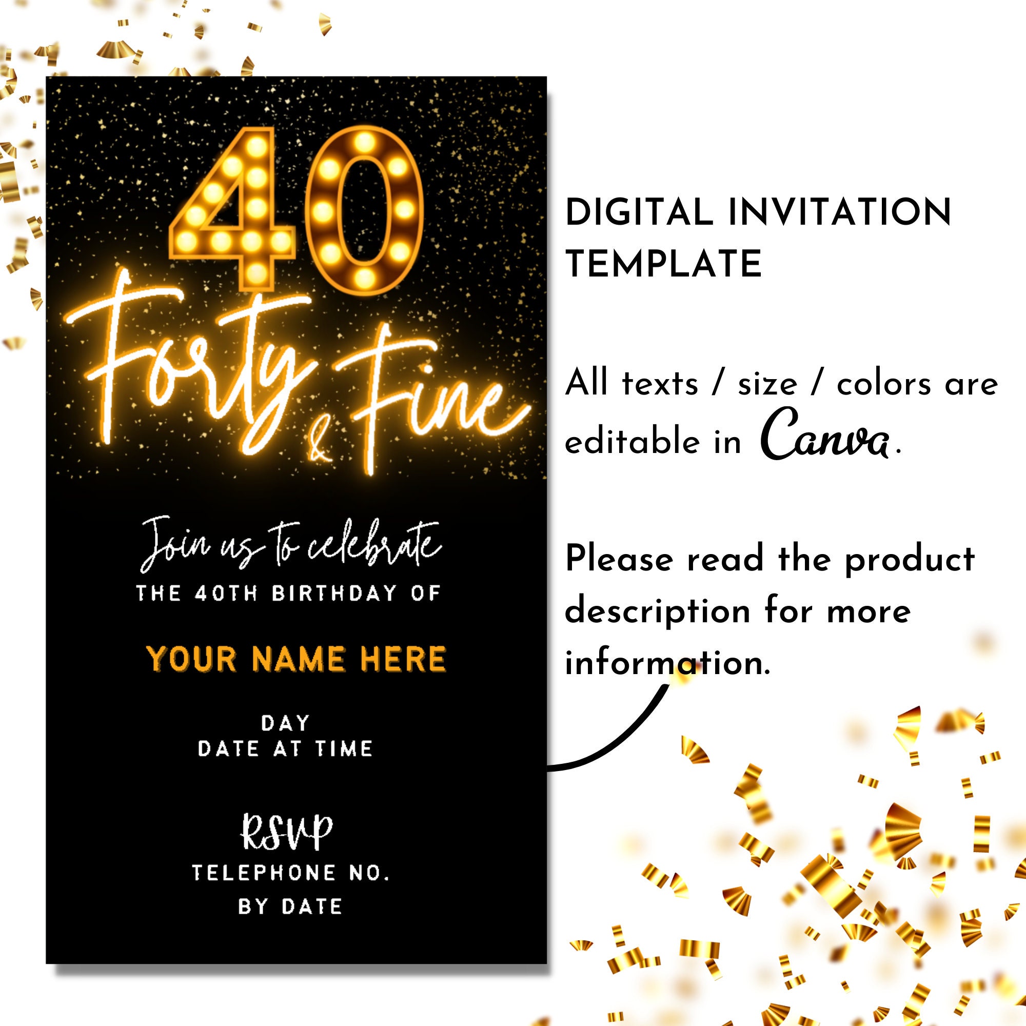Forty and Fine Black and Gold 40th Birthday Printable Canva - Etsy