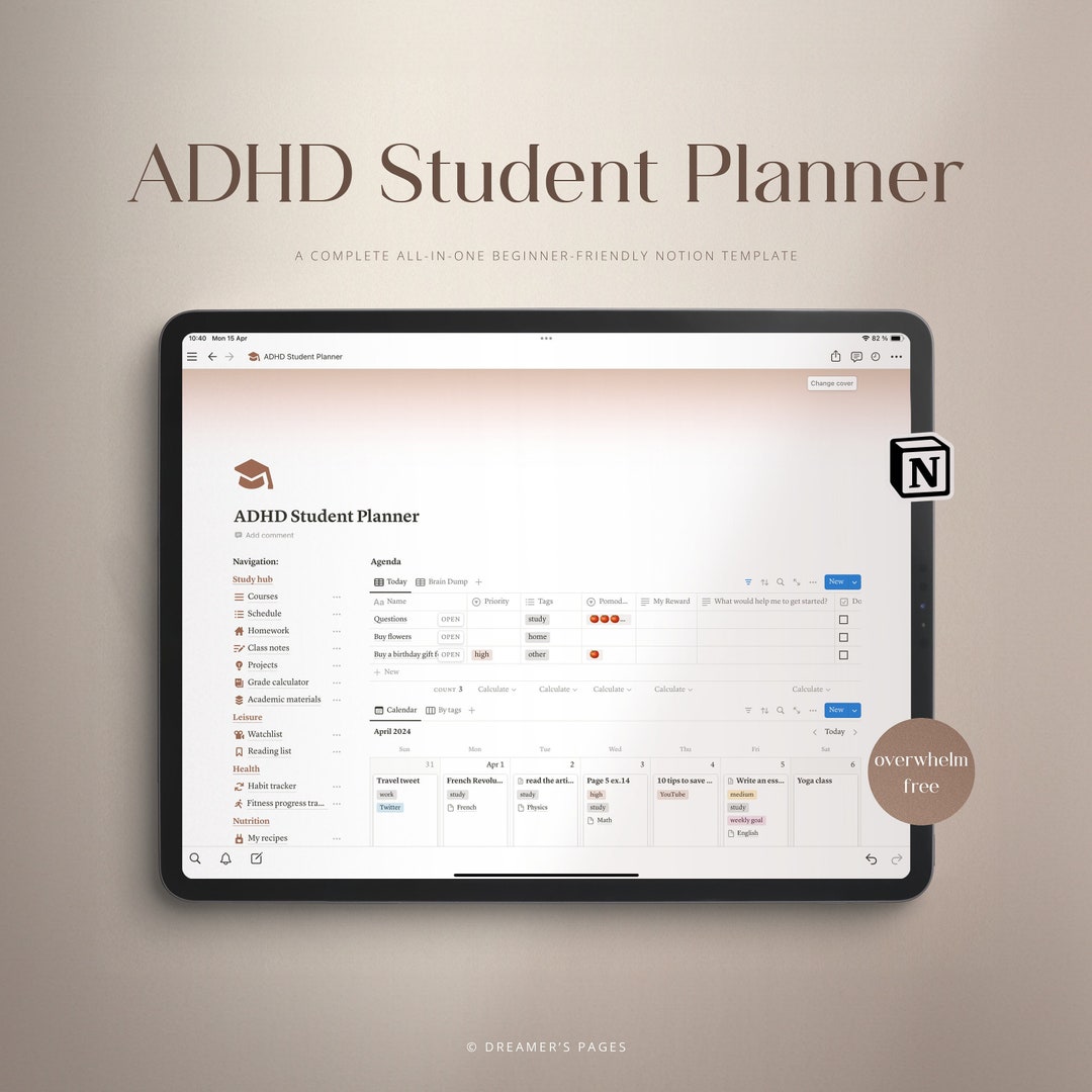 ADHD Student Planner | Notion Template | All in One Planner | ADHD ...