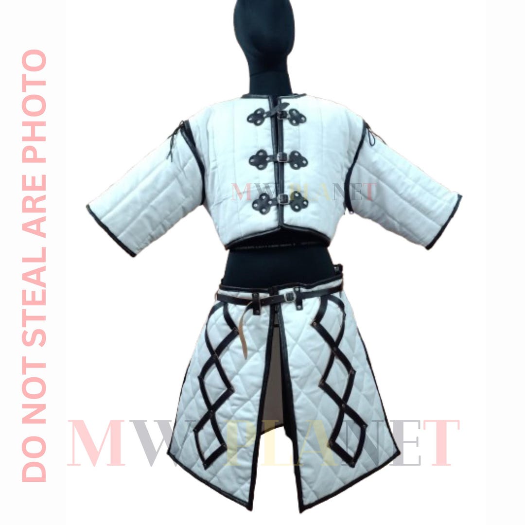 Medieval Gambeson Armor - Thick Padded Cotton With Leather Trim, Long ...