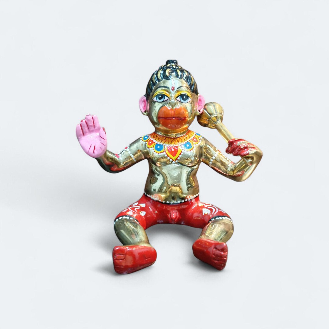 Baal Hanuman Ji With Gada Pure Brass Fully Hand Painted Weight 1850 Grm ...