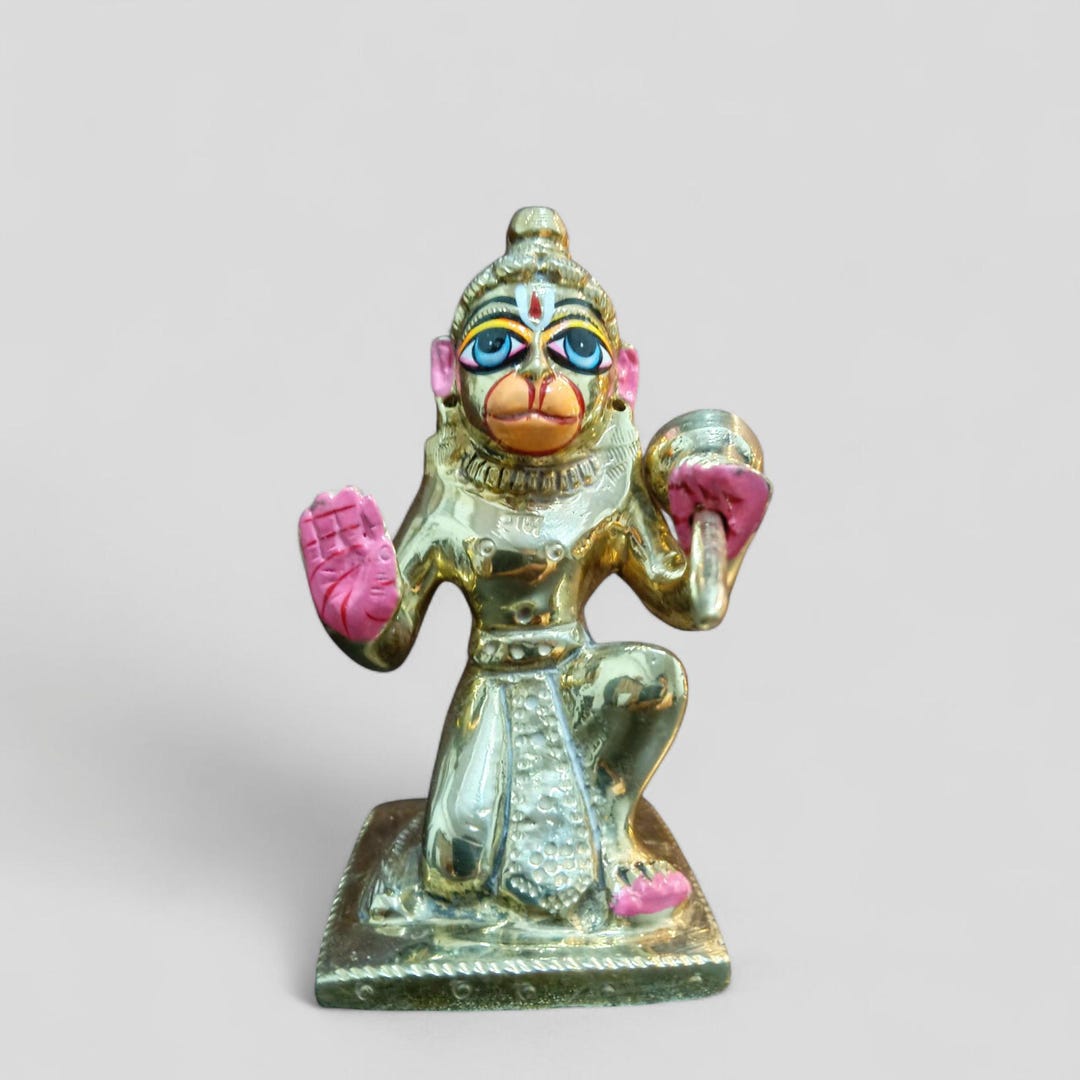 Baal Hanuman Ji With Gada Pure Brass Fully Hand Painted Weight 1120 Grm ...