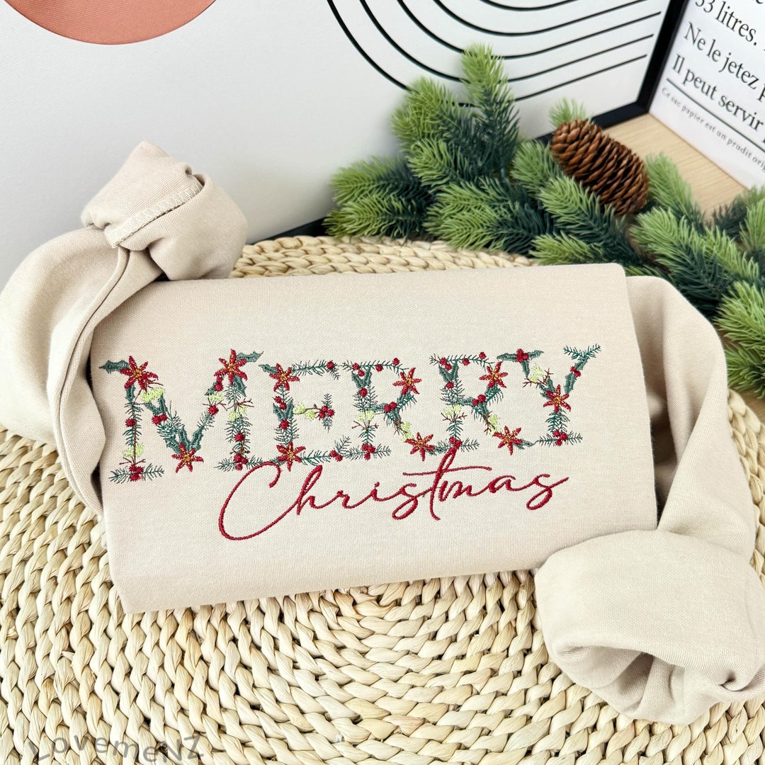 Embroidered Floral Merry Christmas Crewneck Sweatshirt - Christmas ...