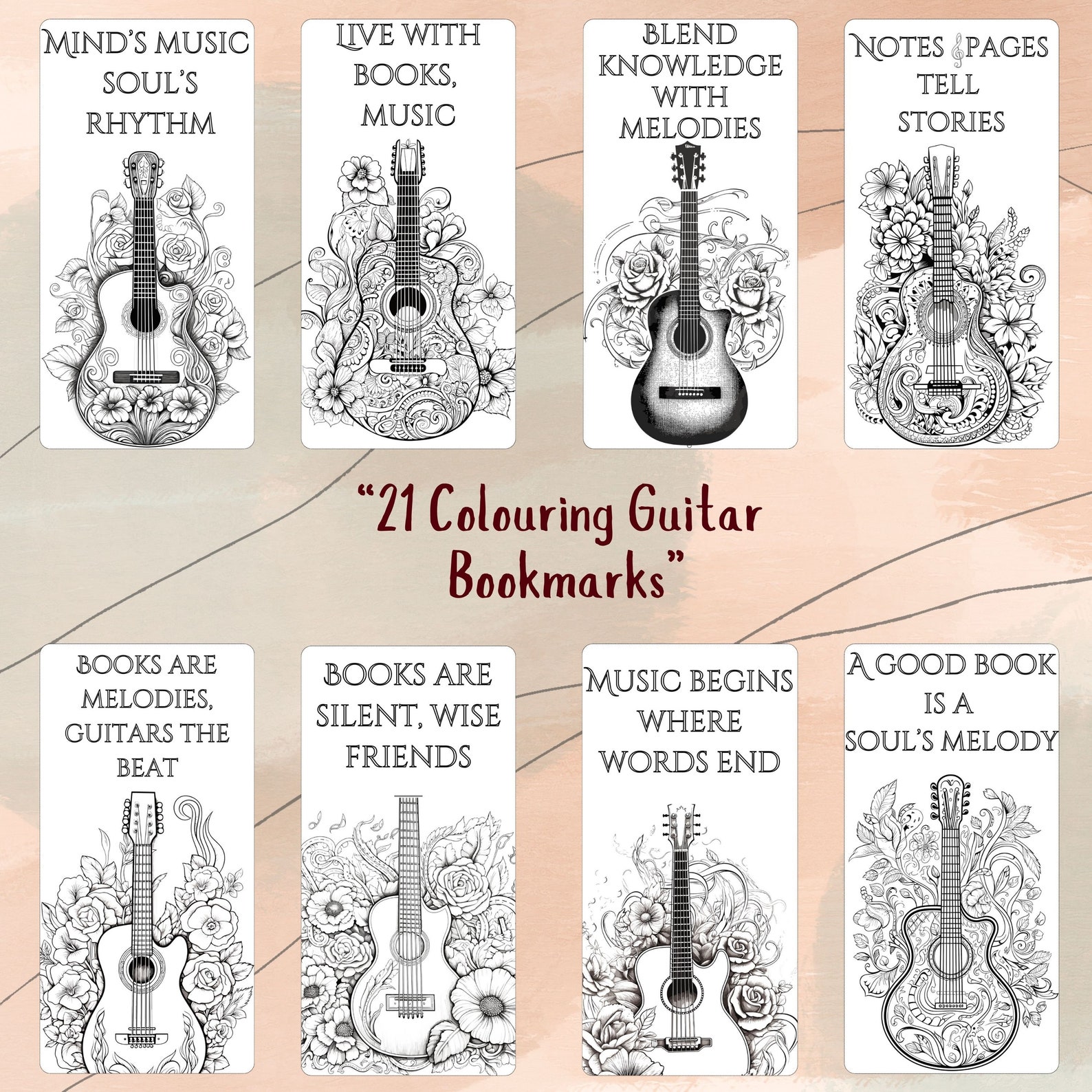 Colouring Bookmarks,musical Bookmarks,book Lover Gift,guitar Themed ...