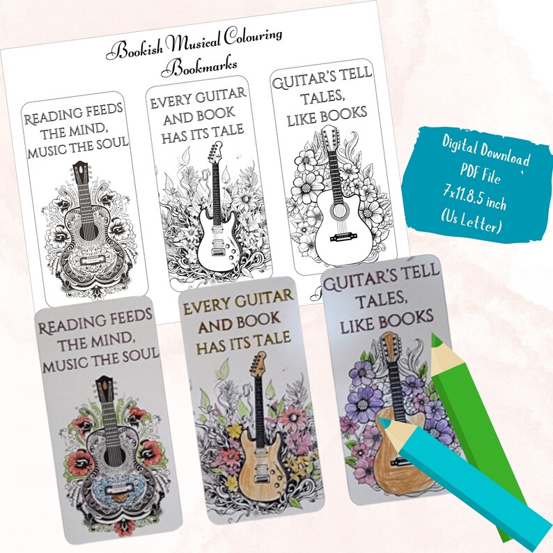 Colouring Bookmarks,musical Bookmarks,book Lover Gift,guitar Themed ...