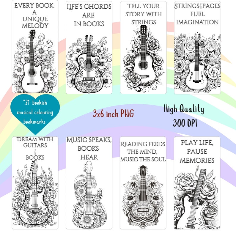 Colouring Bookmarks,musical Bookmarks,book Lover Gift,guitar Themed ...