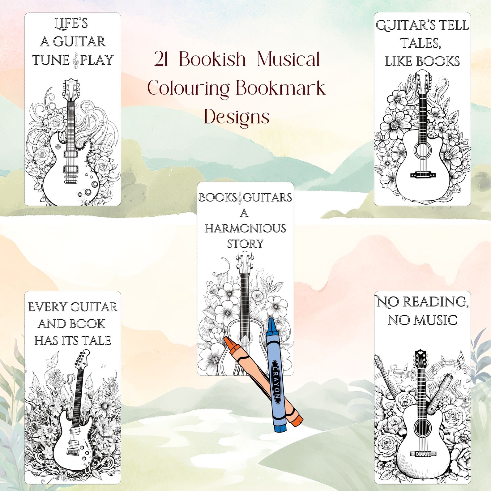 Colouring Bookmarks,musical Bookmarks,book Lover Gift,guitar Themed ...