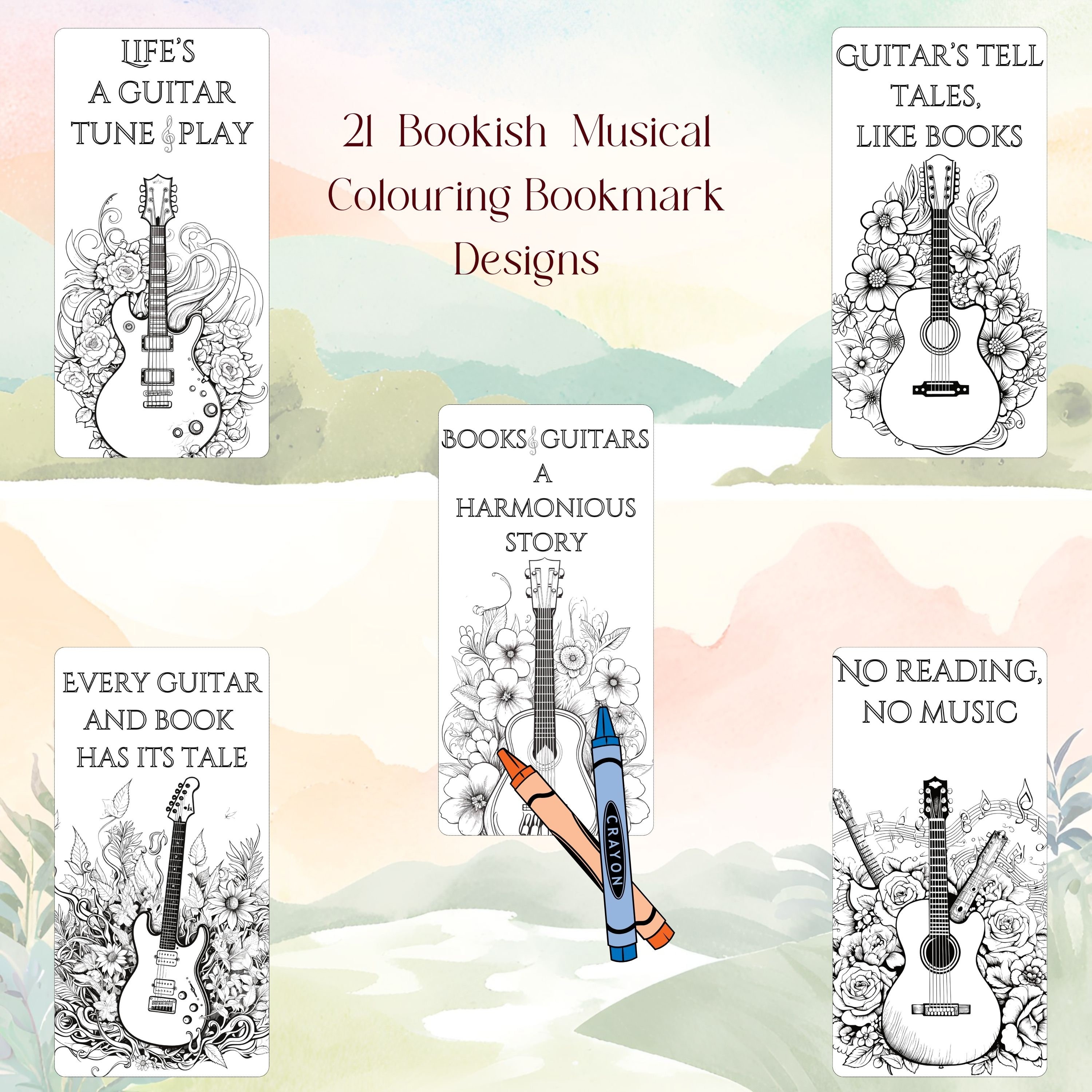 Colouring Bookmarks,musical Bookmarks,book Lover Gift,guitar Themed ...