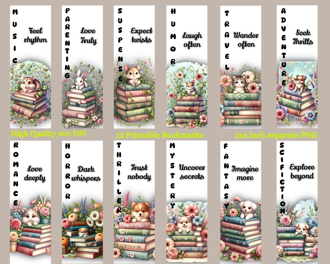 Stacked Books Printable Bookmarks, Book Lovers Designs,multi-genre ...