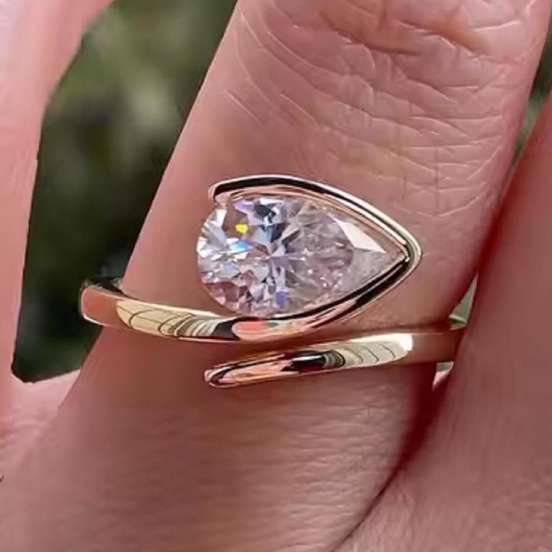 2 CT Pear Cut Moissanite Diamond Half Bezel Solitaire Engagement Ring ...