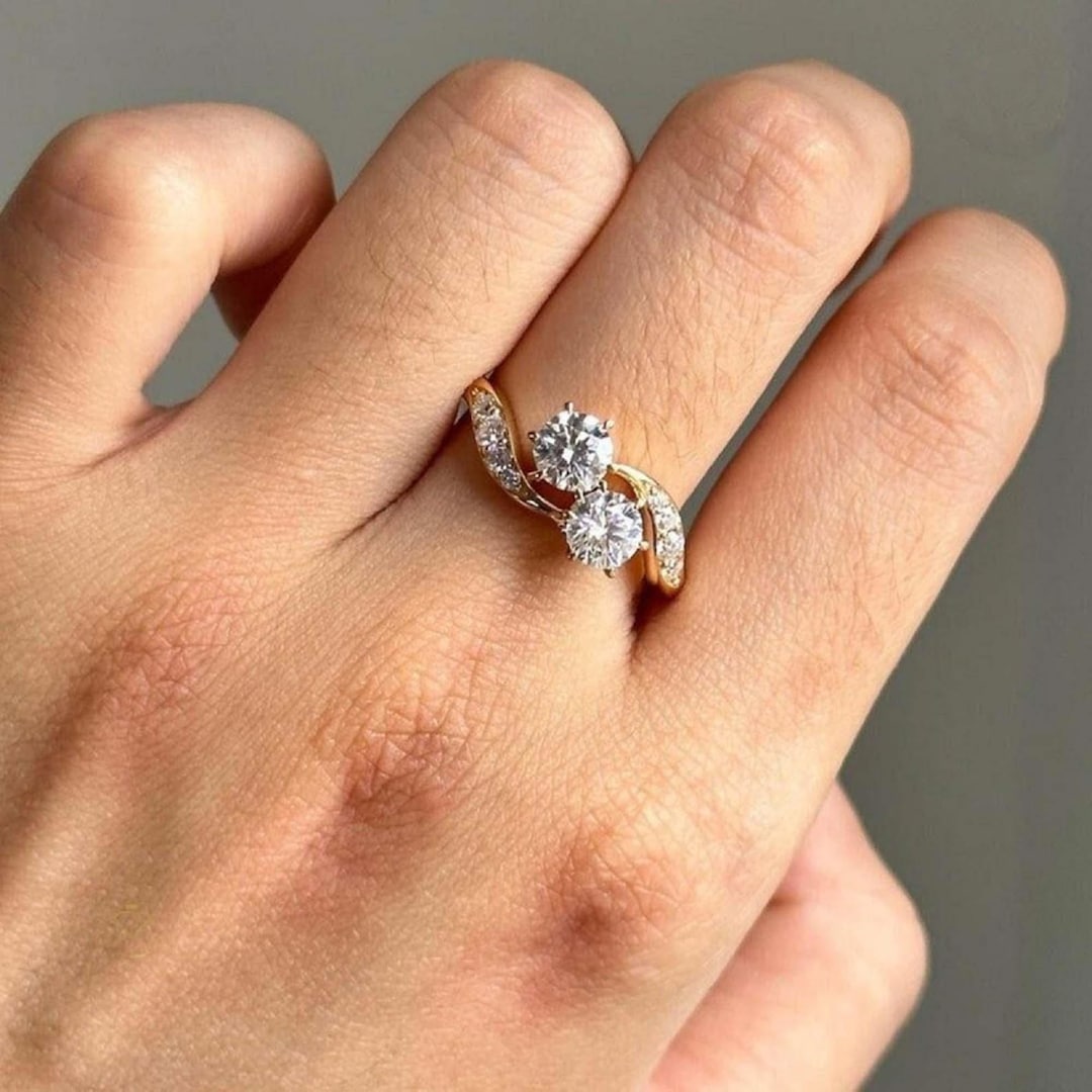 Two Stone Bypass Swirl Engagement Ring 3 TCW Round Cut Moissanite ...