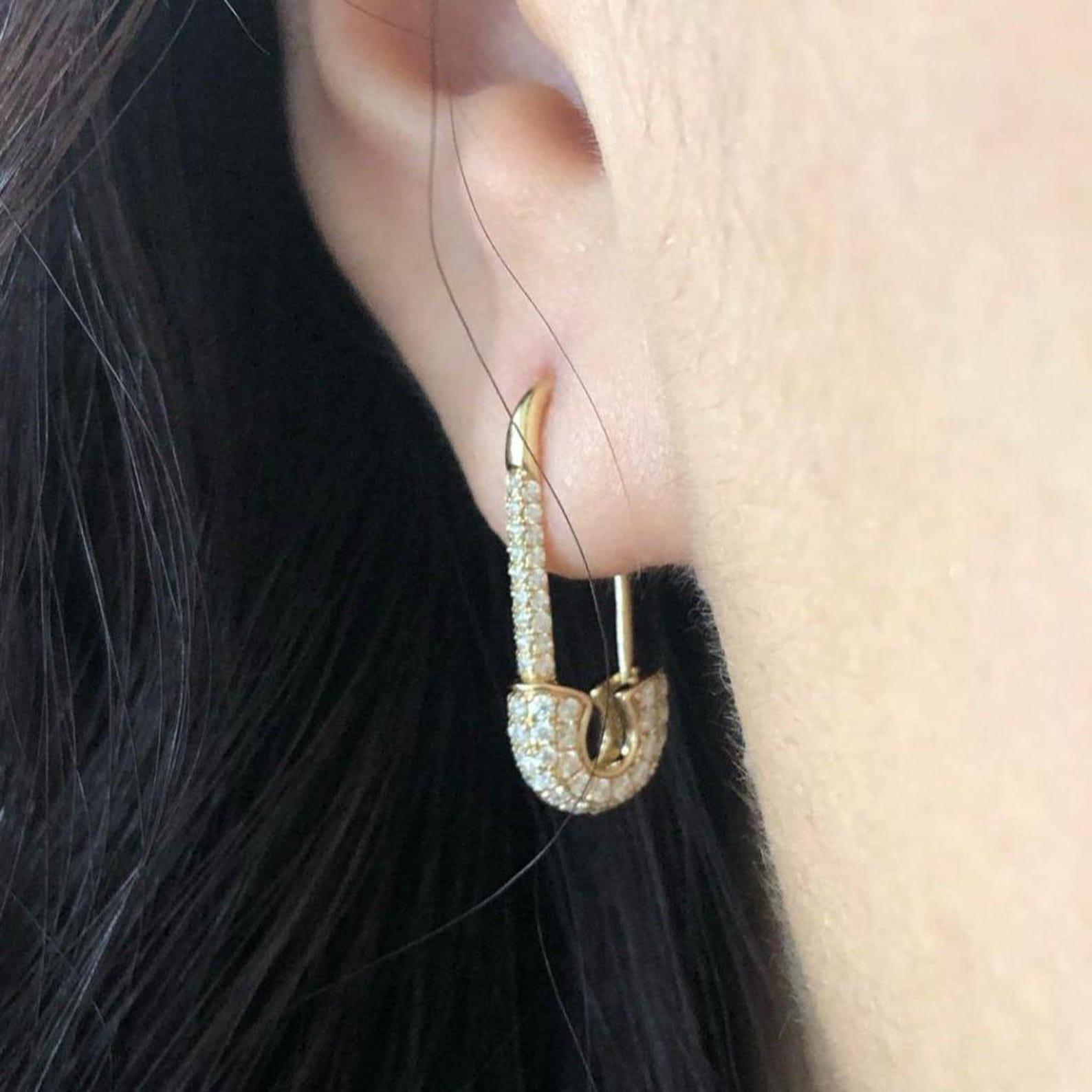 14K Yellow Gold Diamond Safety Pin Earrings: Minimalist Jewelry - Etsy