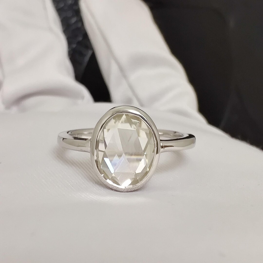 Oval Rose Cut 2 CT Moissanite Engagement Ring, Bezel Set Wedding Bridal Ring, Solitaire One ...