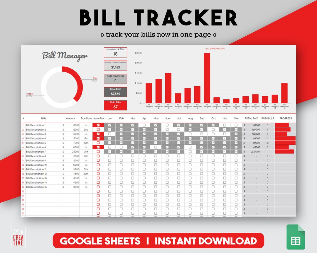 Bill Planner Bill Spreadsheet Bill Tracker Sheet Bill Tracker Monthly ...