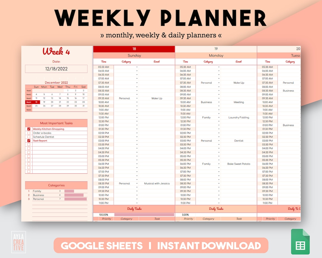 Weekly Planner | Daily Schedule | 2023 Calendar | Spreadsheet Planner ...