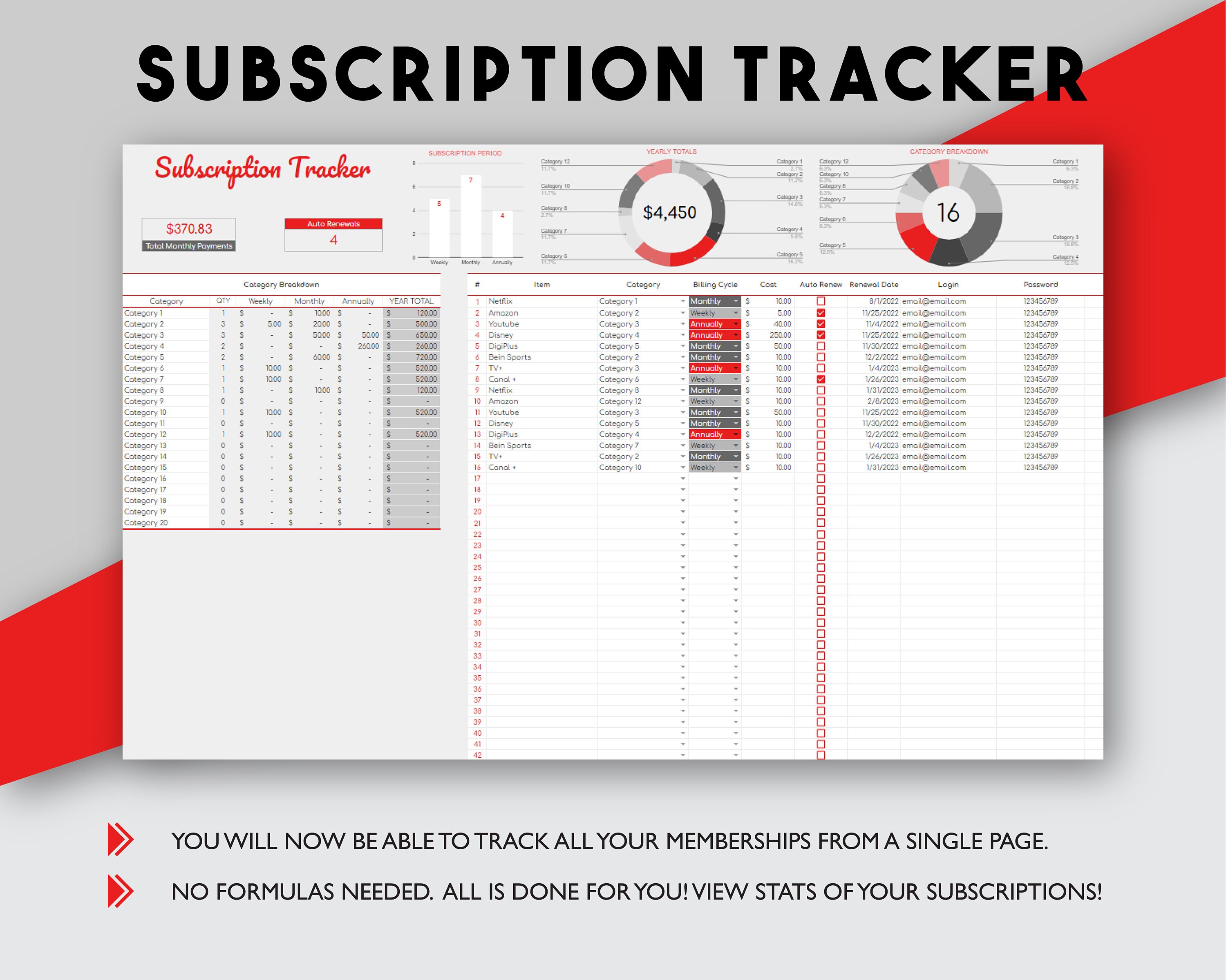 Subscription Tracker Expense Tracker Monthly Expenses - Etsy