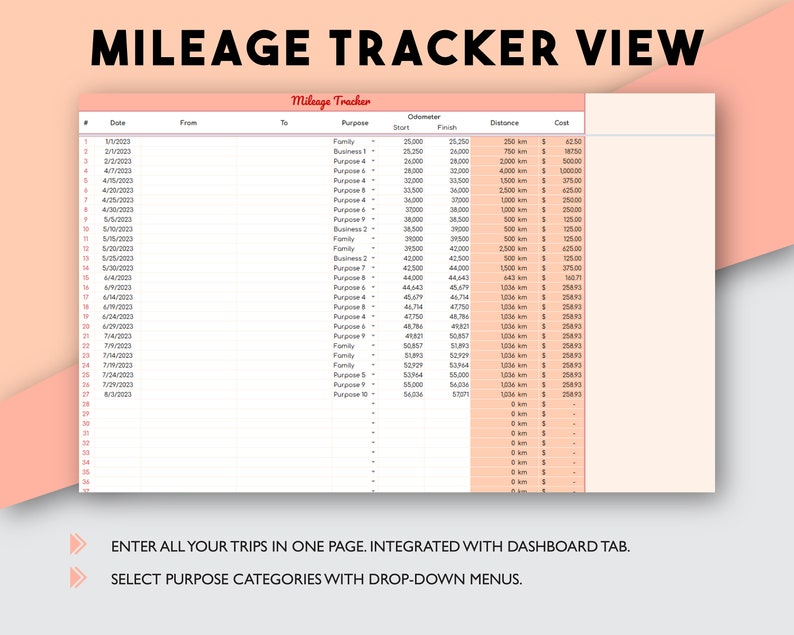 Mileage Tracker | Mileage Excel | Business Spreadsheet | Mileage Log ...