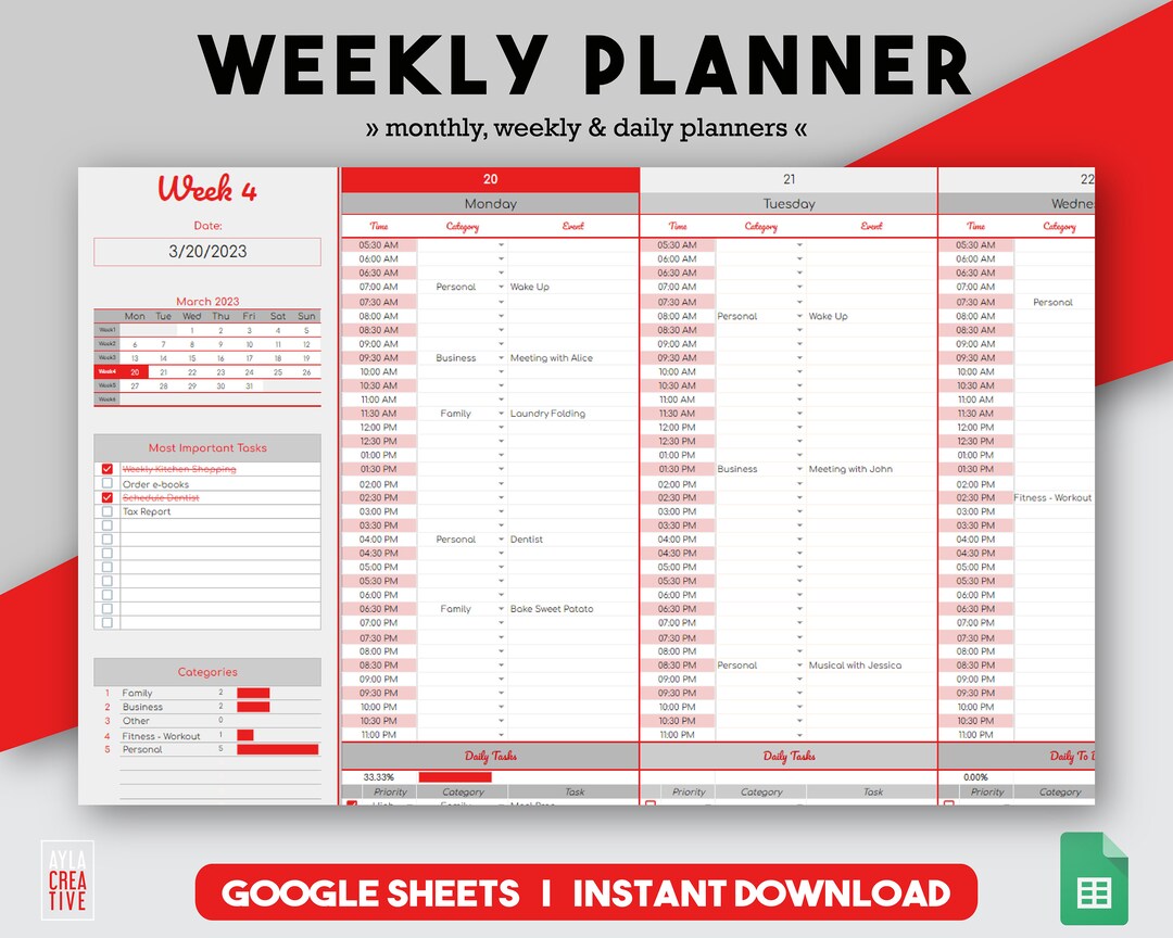 Weekly Planner, 2023 Calendar, Spreadsheet Planner, Google Sheets, to ...