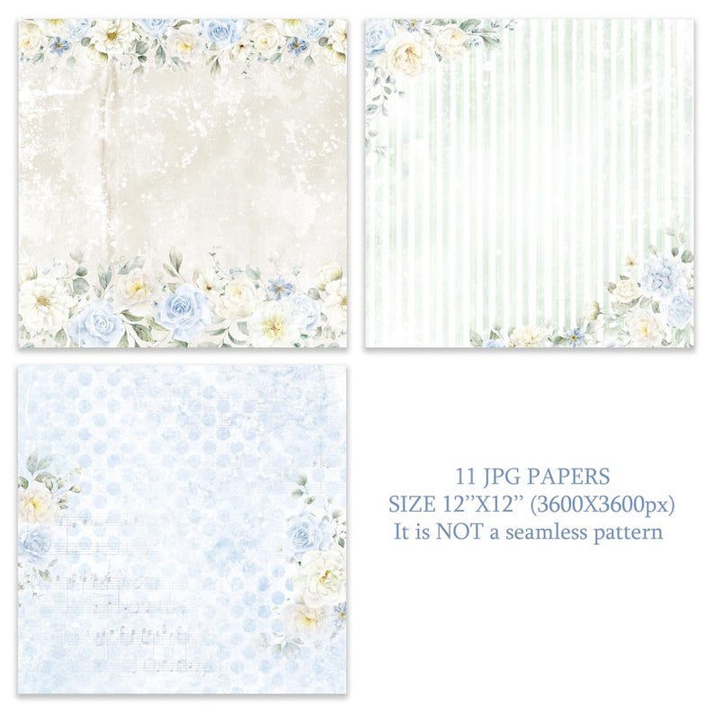 Dusty Blue Floral Digital Paper Pack White Flowers Watercolor Wedding ...