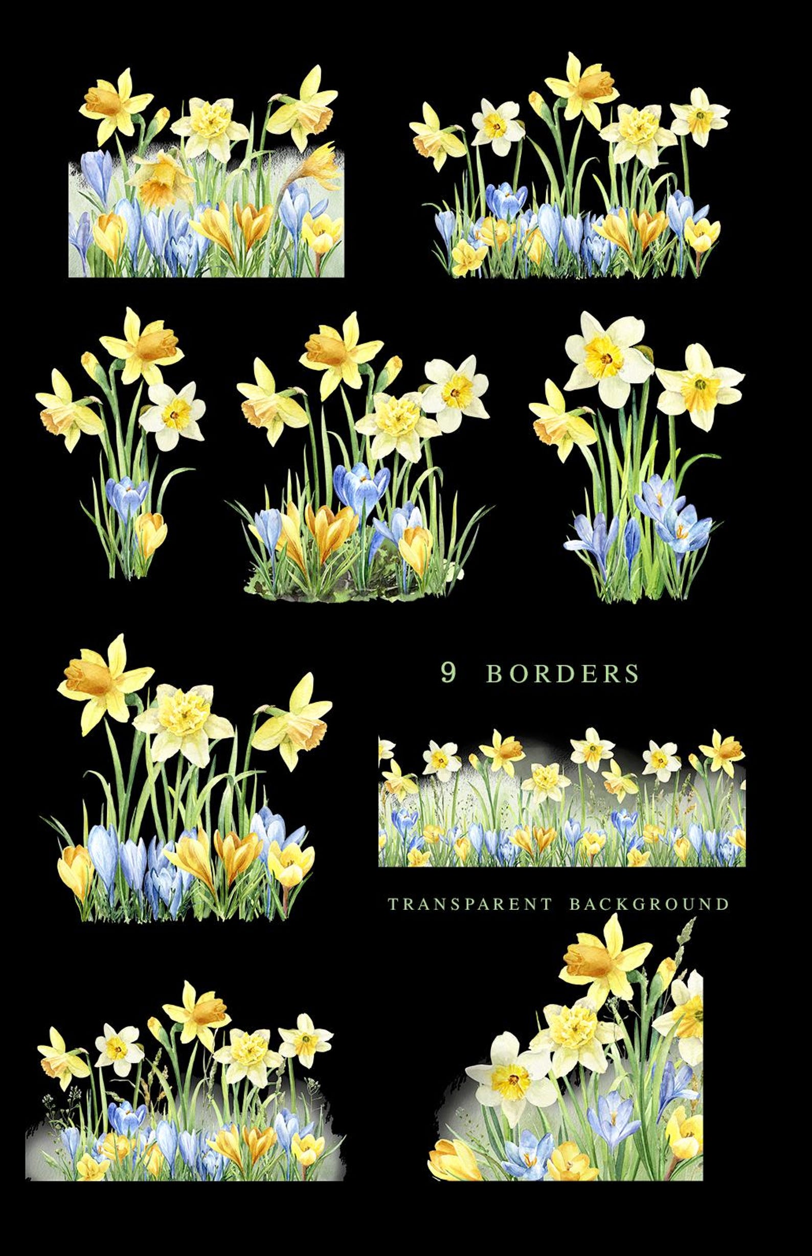 Watercolor Spring Flowers Clipart, Daffodils Clipart, Floral Border ...