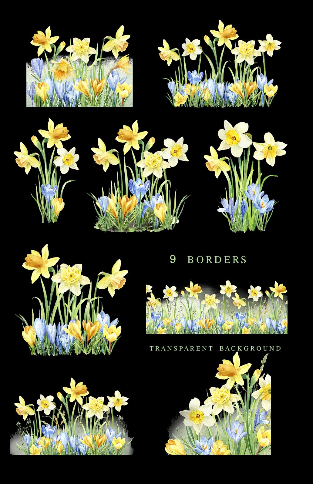 Watercolor Spring Flowers Clipart, Daffodils Clipart, Floral Border ...