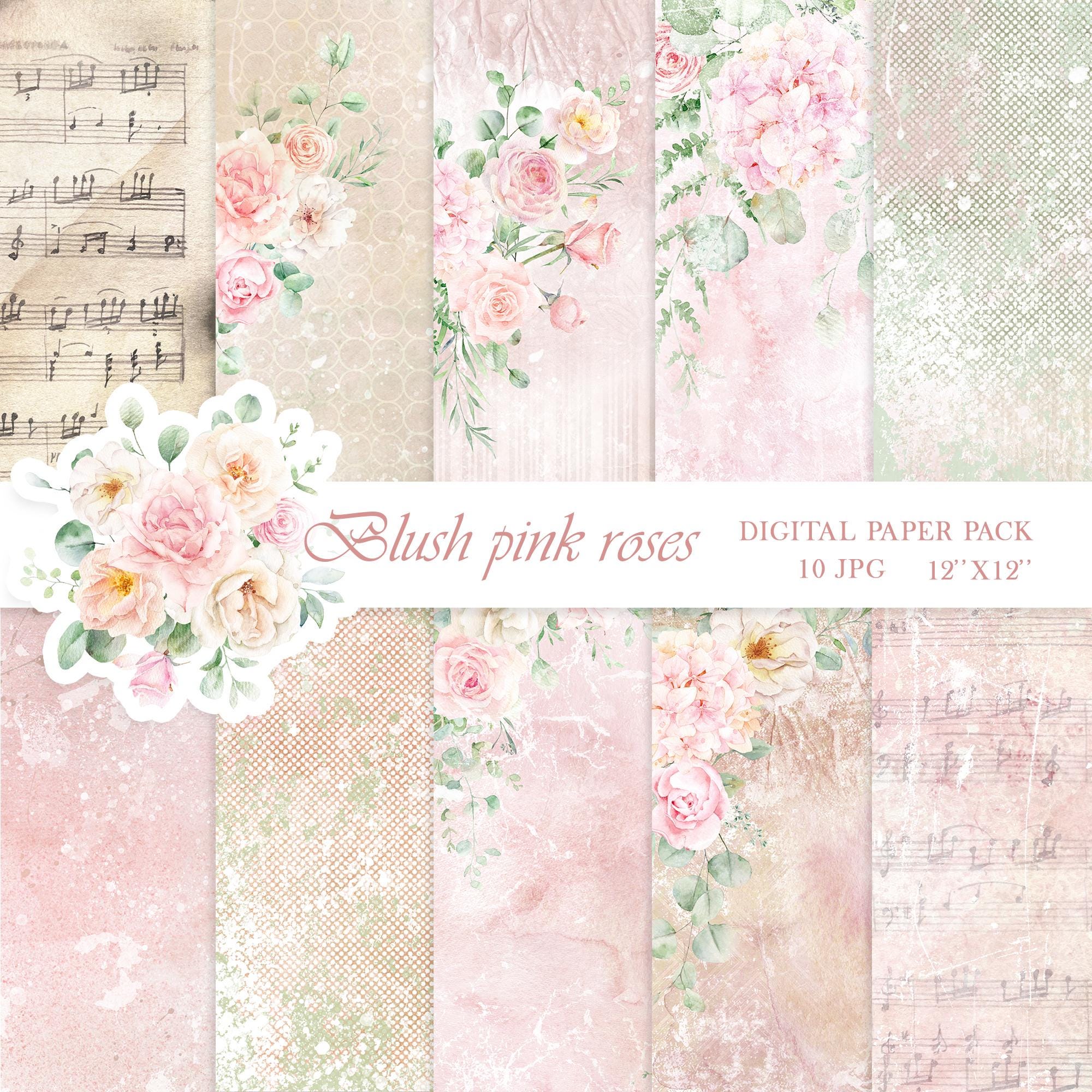 Dusty Pink Floral Digital Paper | Blush Rose Scrapbook | Vintage Shabby ...