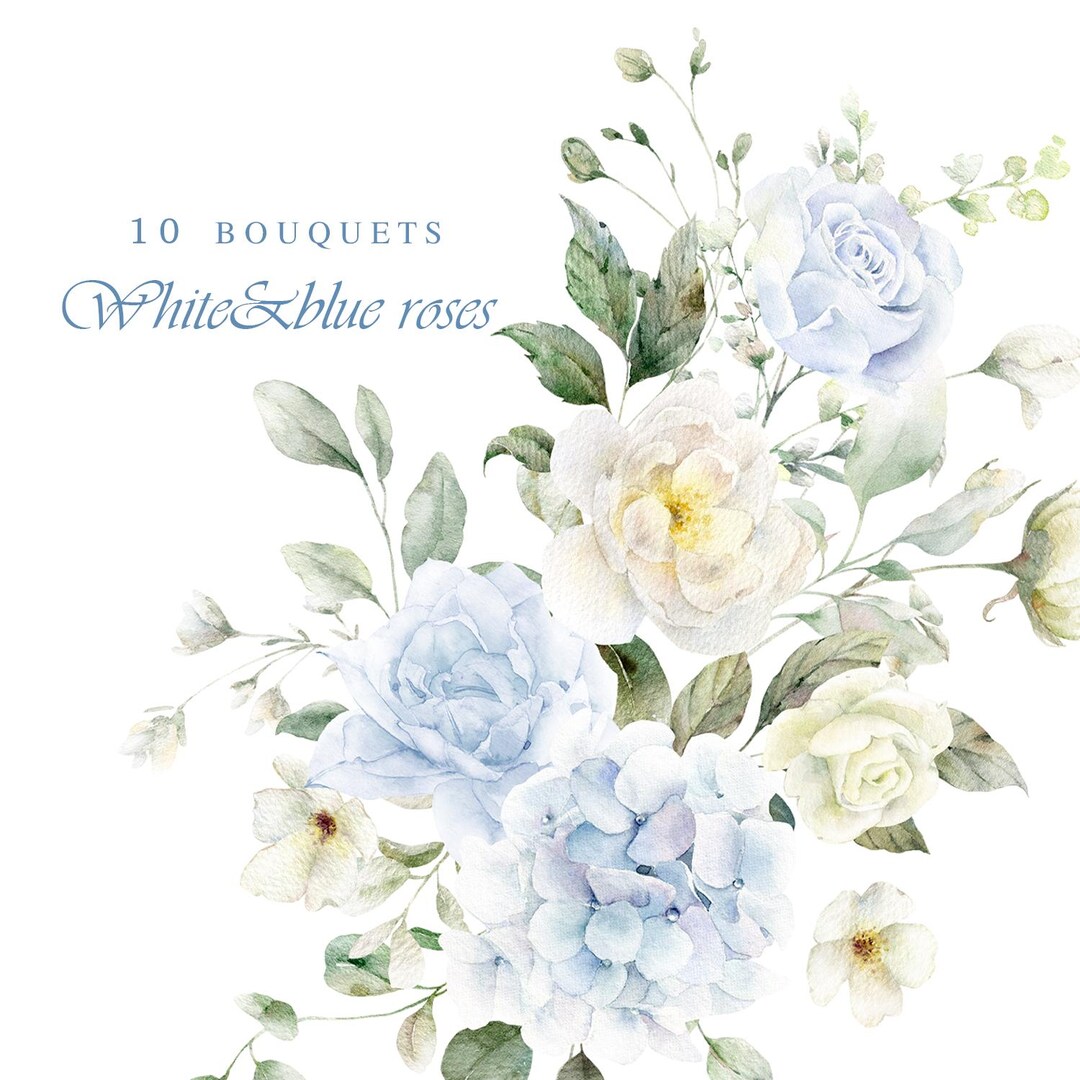 Dusty Blue Floral Clipart, White Roses Watercolor, Pale Blue Flowers ...