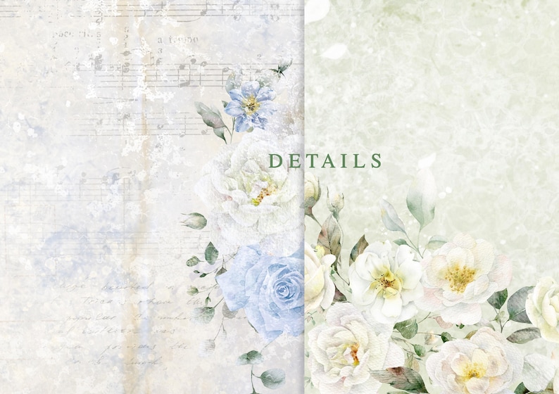 Dusty blue floral digital paper pack białe kwiaty akwarela ślub ...
