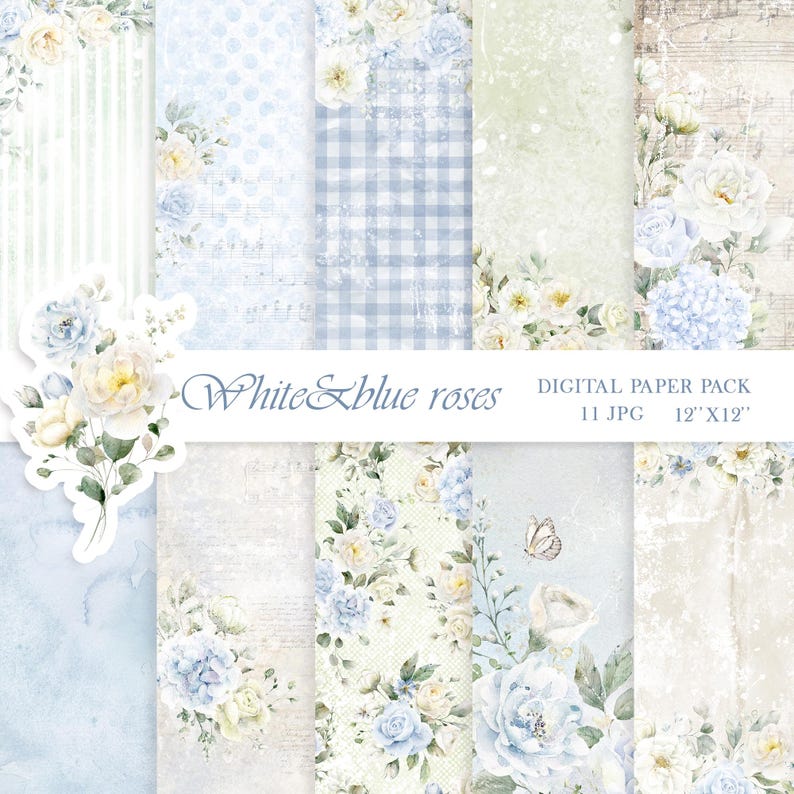 Dusty blue floral digital paper pack białe kwiaty akwarela ślub ...