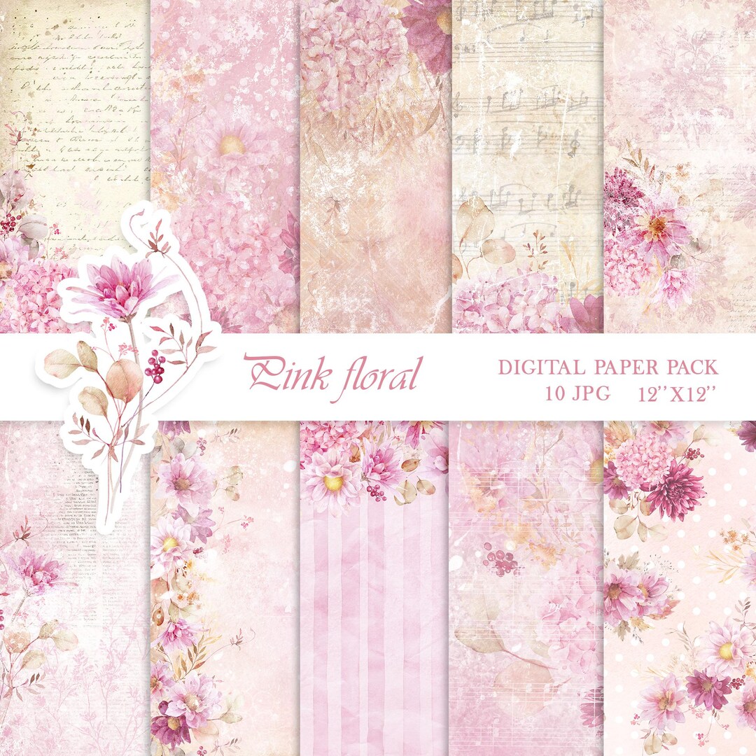 Watercolor Pink Floral Digital Paper Pack – Vintage Scrapbook ...