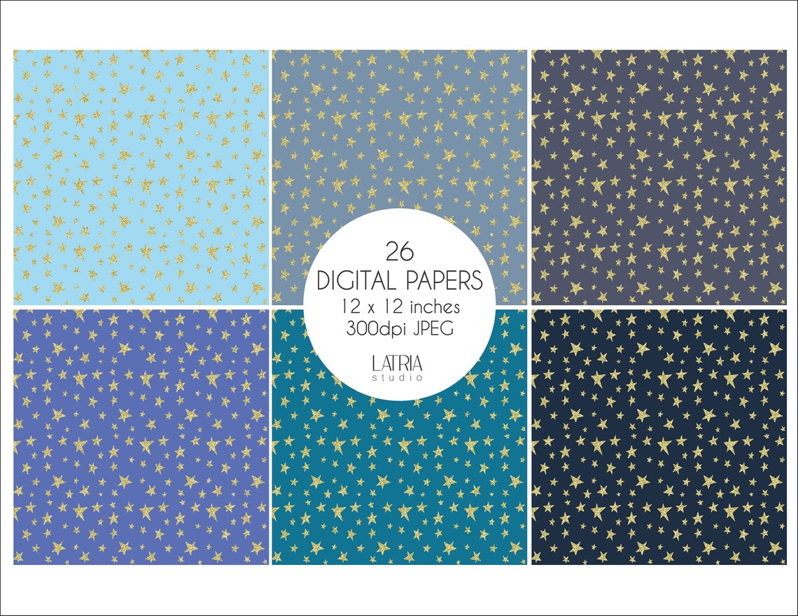 Gold Glitter Stars Digital Paper, Gold Stars Glitter, Stars Pattern ...