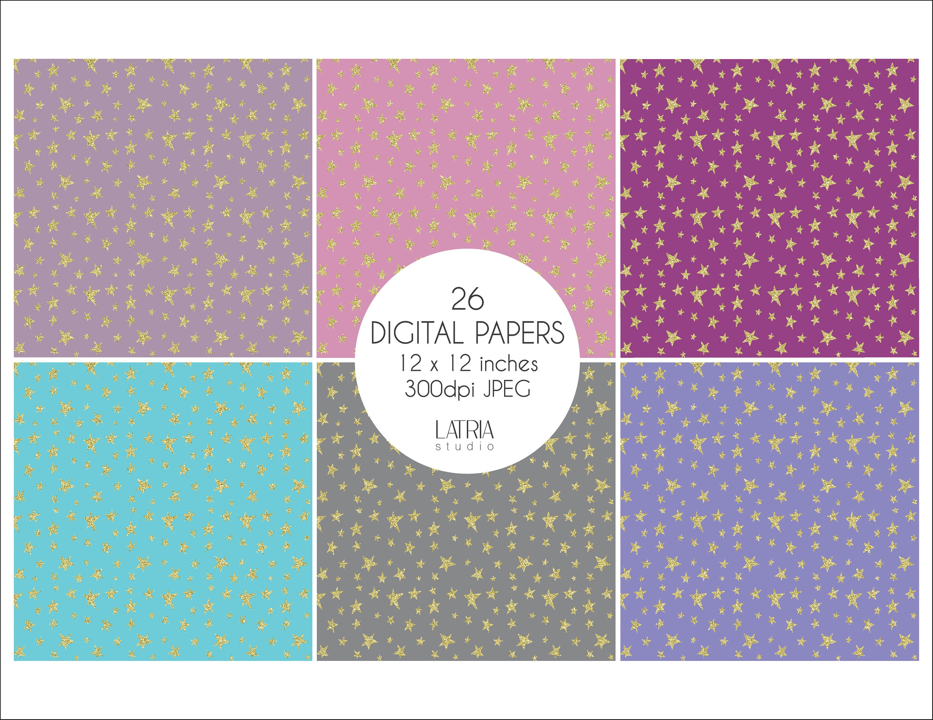 Gold Glitter Stars Digital Paper, Gold Stars Glitter, Stars Pattern ...