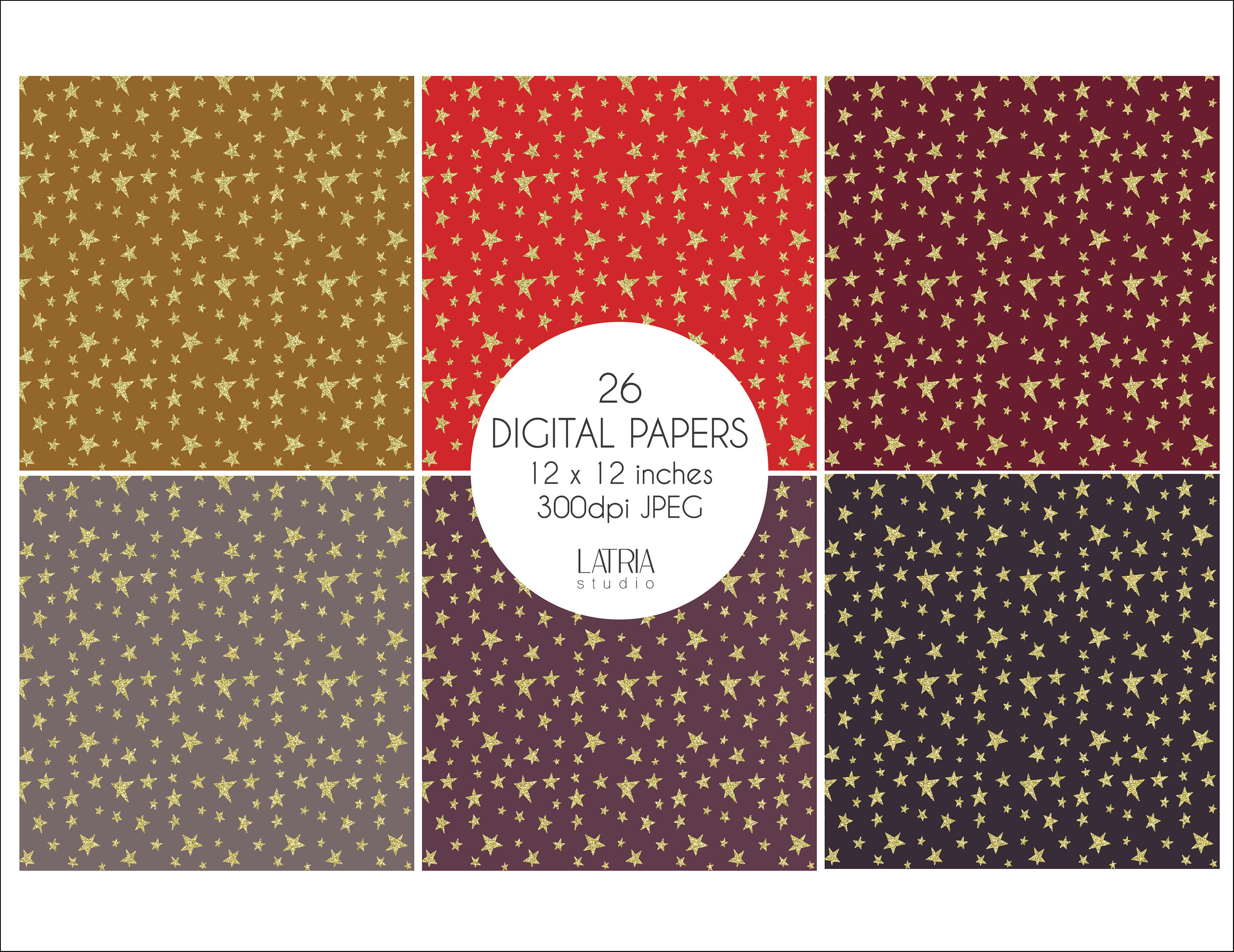 Gold Glitter Stars Digital Paper, Gold Stars Glitter, Stars Pattern ...