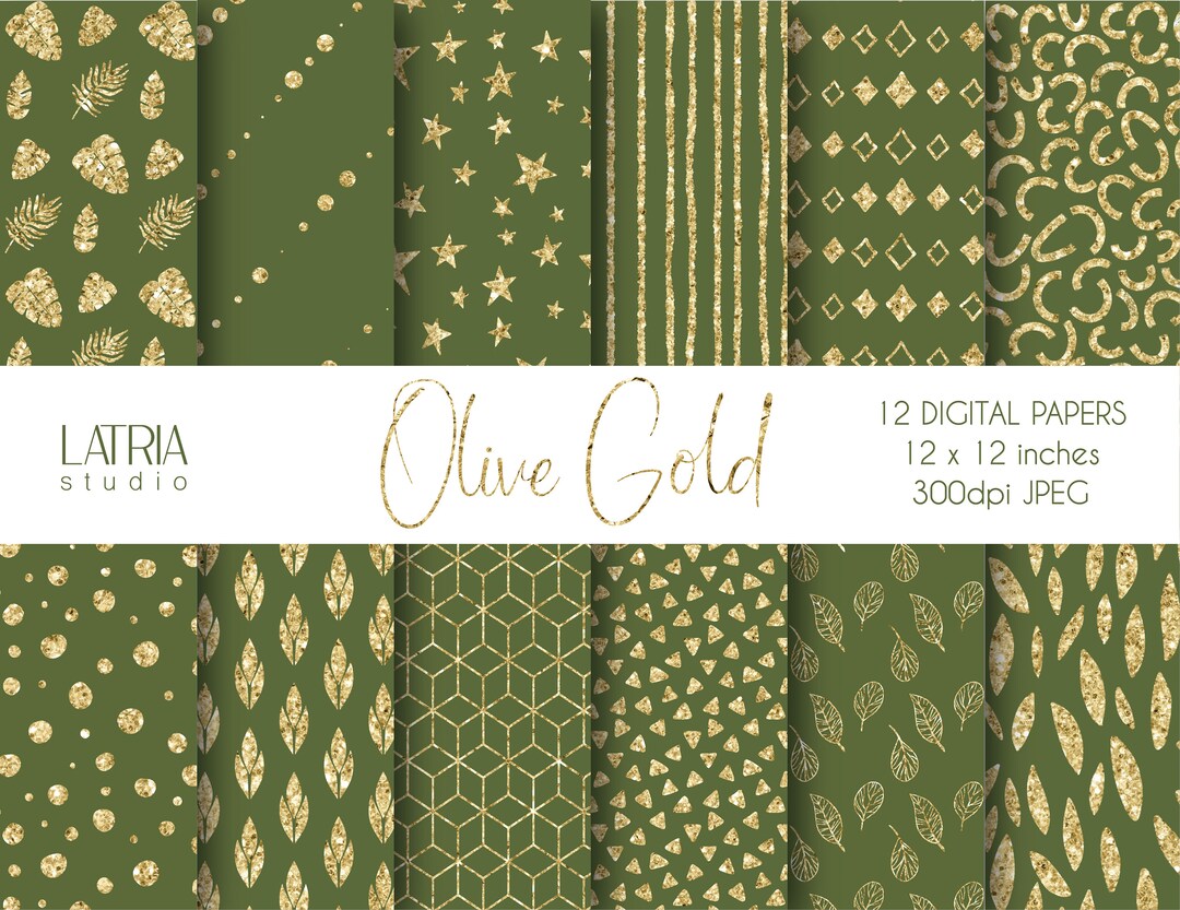 Green Olive and Gold Glitter Digital Papers Gold Patterns - Etsy