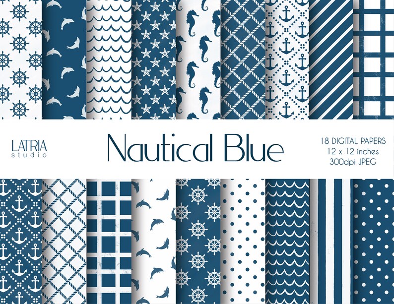 Nautical White & Navy Blue Digital Paper, Scrapbook Papers, Nautical ...