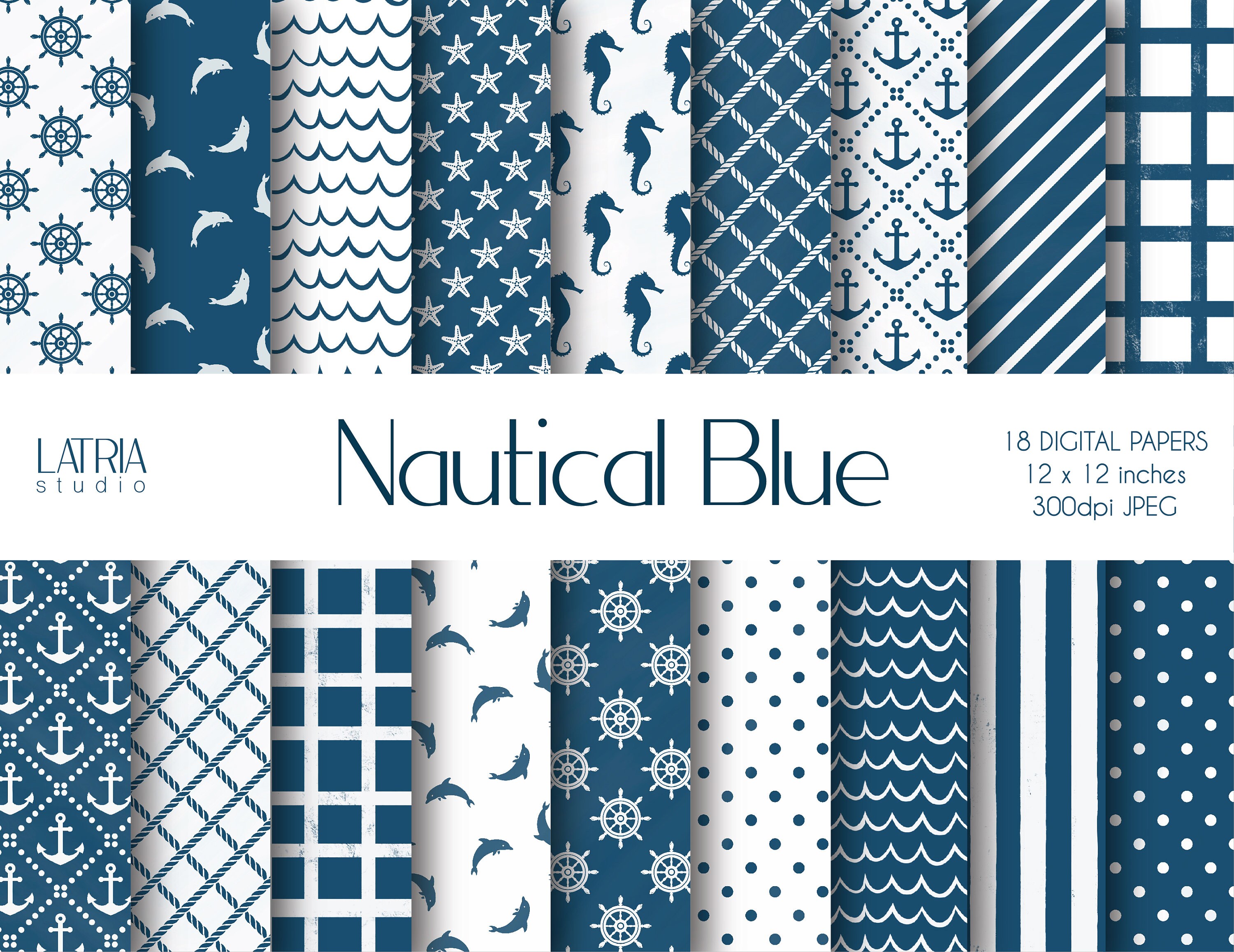 Nautical White & Navy Blue Digital Paper, Scrapbook Papers, Nautical ...