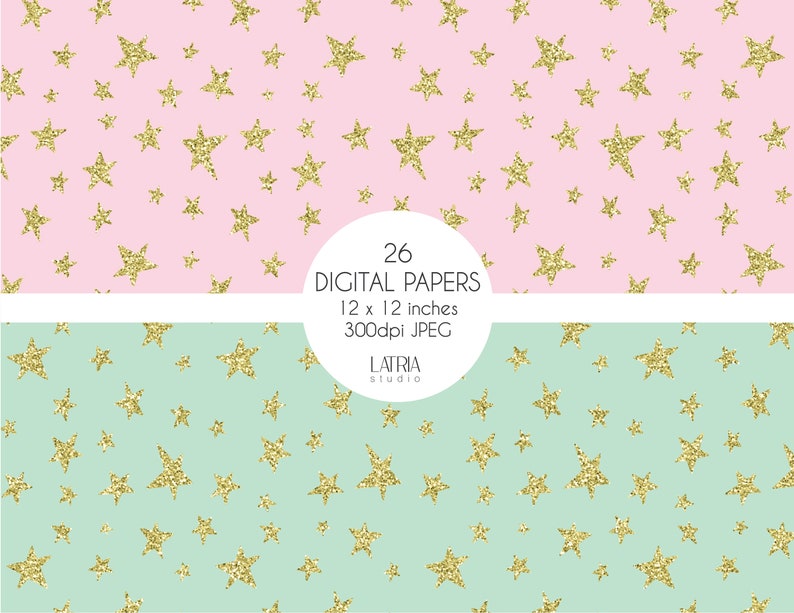 Gold Glitter Stars Digital Paper, Gold Stars Glitter, Stars Pattern ...
