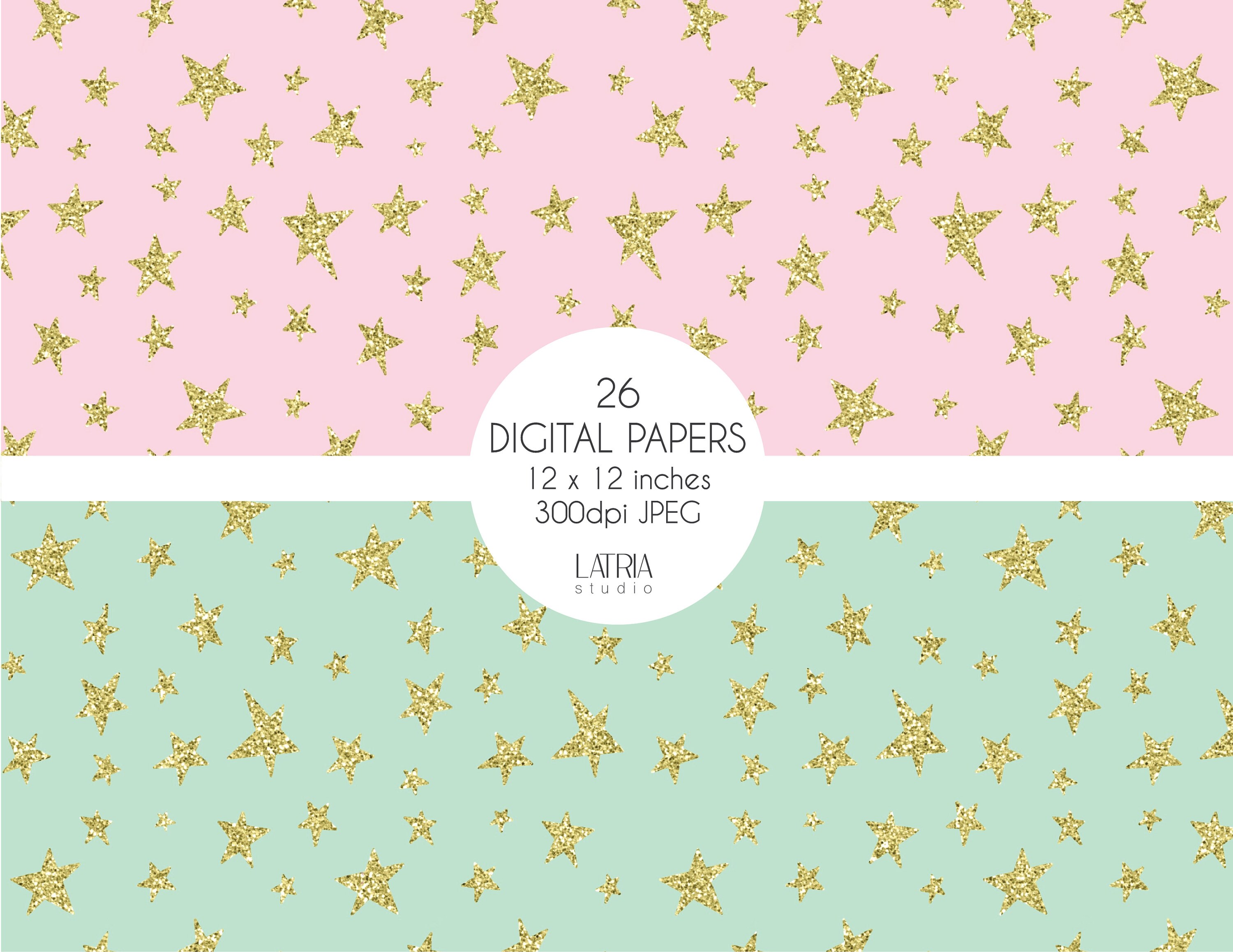 Gold Glitter Stars Digital Paper, Gold Stars Glitter, Stars Pattern ...